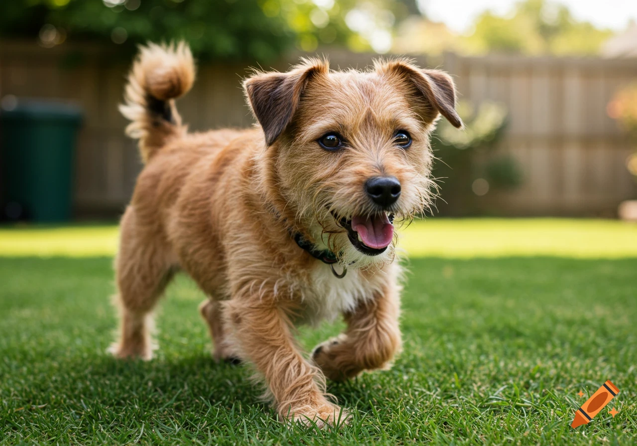 A small brown terrier-mix dog runs on green grass in a sunny yard. on ...