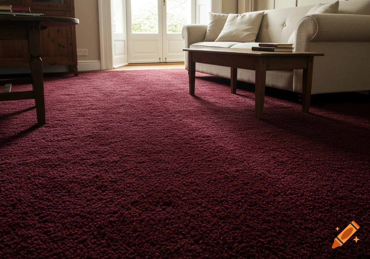 Red wool carpet covering the floor in a sunlit living room with a ...