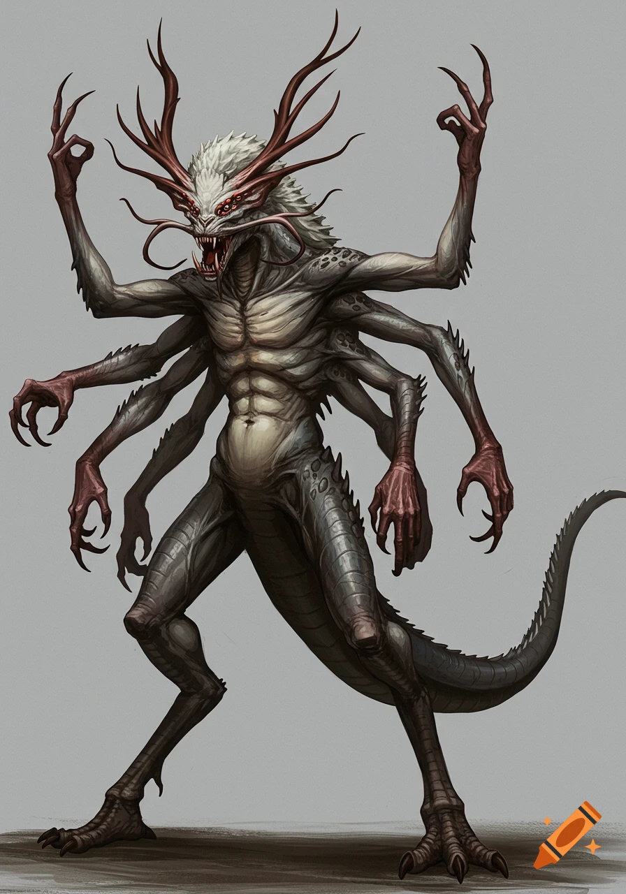 Illustration of a multi-limbed fantasy creature with antlers, sharp ...