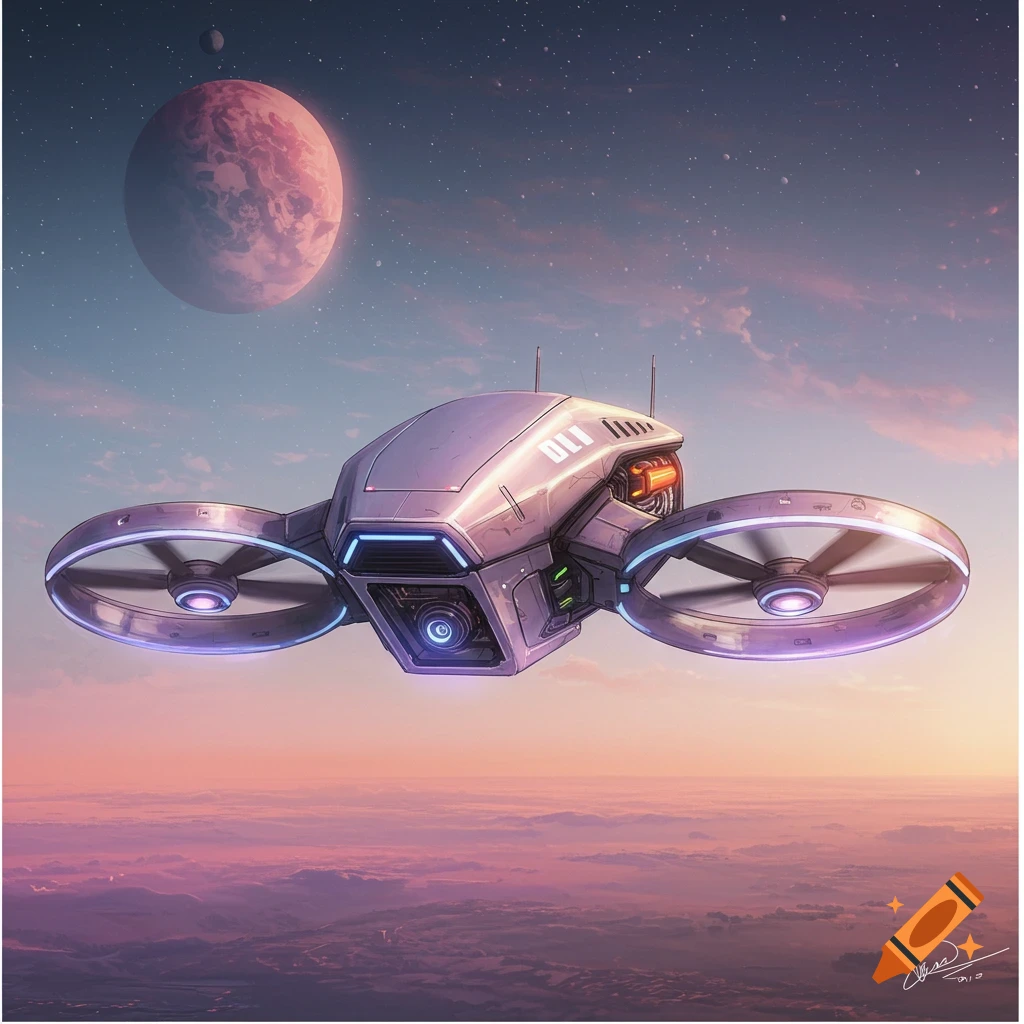 A futuristic hexagonal drone with glowing lights flies above clouds ...