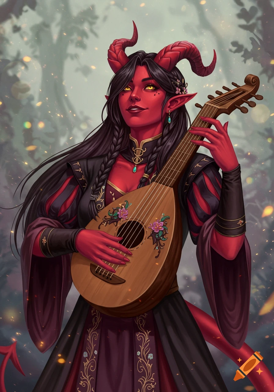 Fantasy illustration of a red-skinned tiefling woman with horns playing a lute in a forest ...