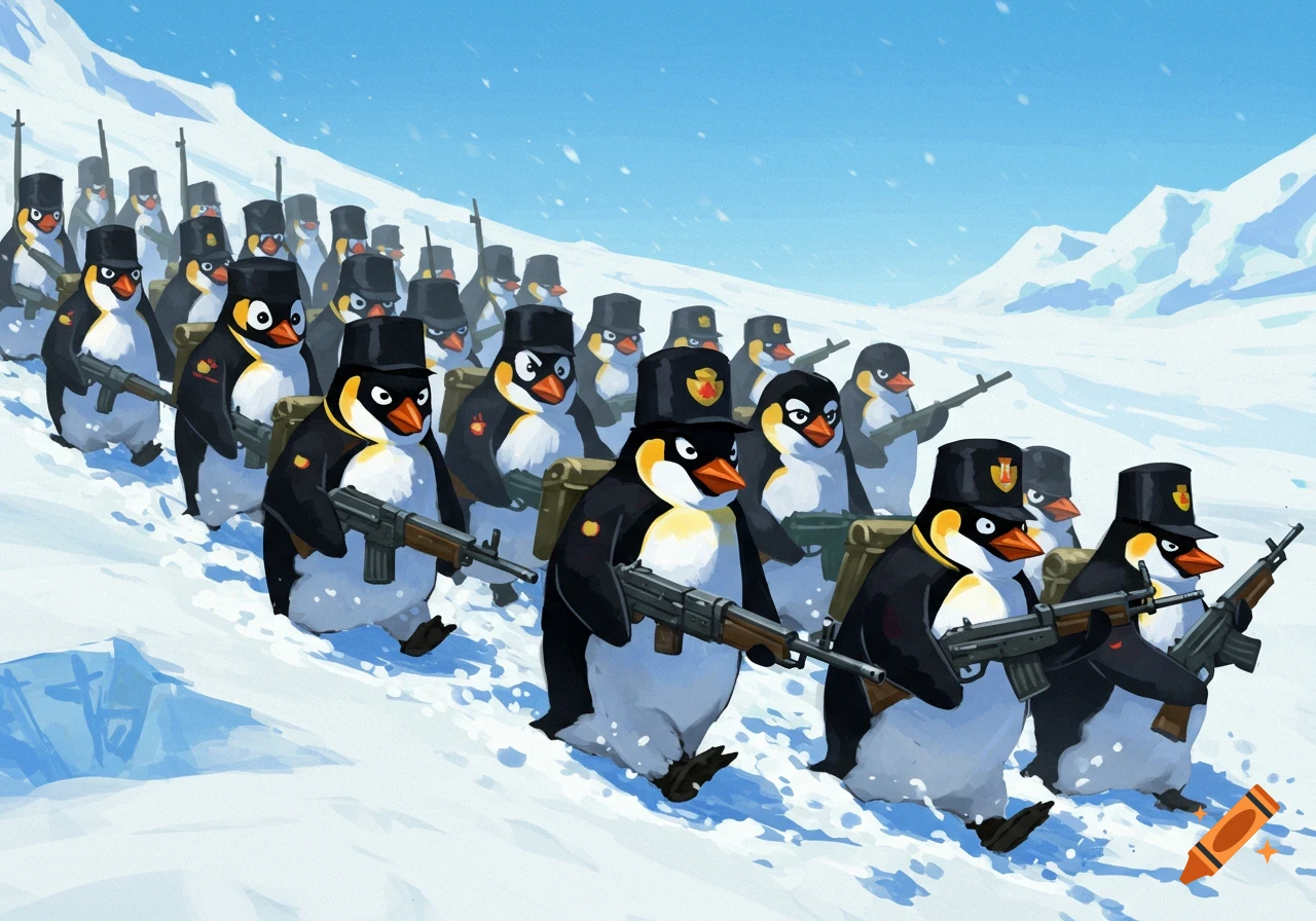 Cartoon army of penguins marching with rifles up a snowy hill on Craiyon