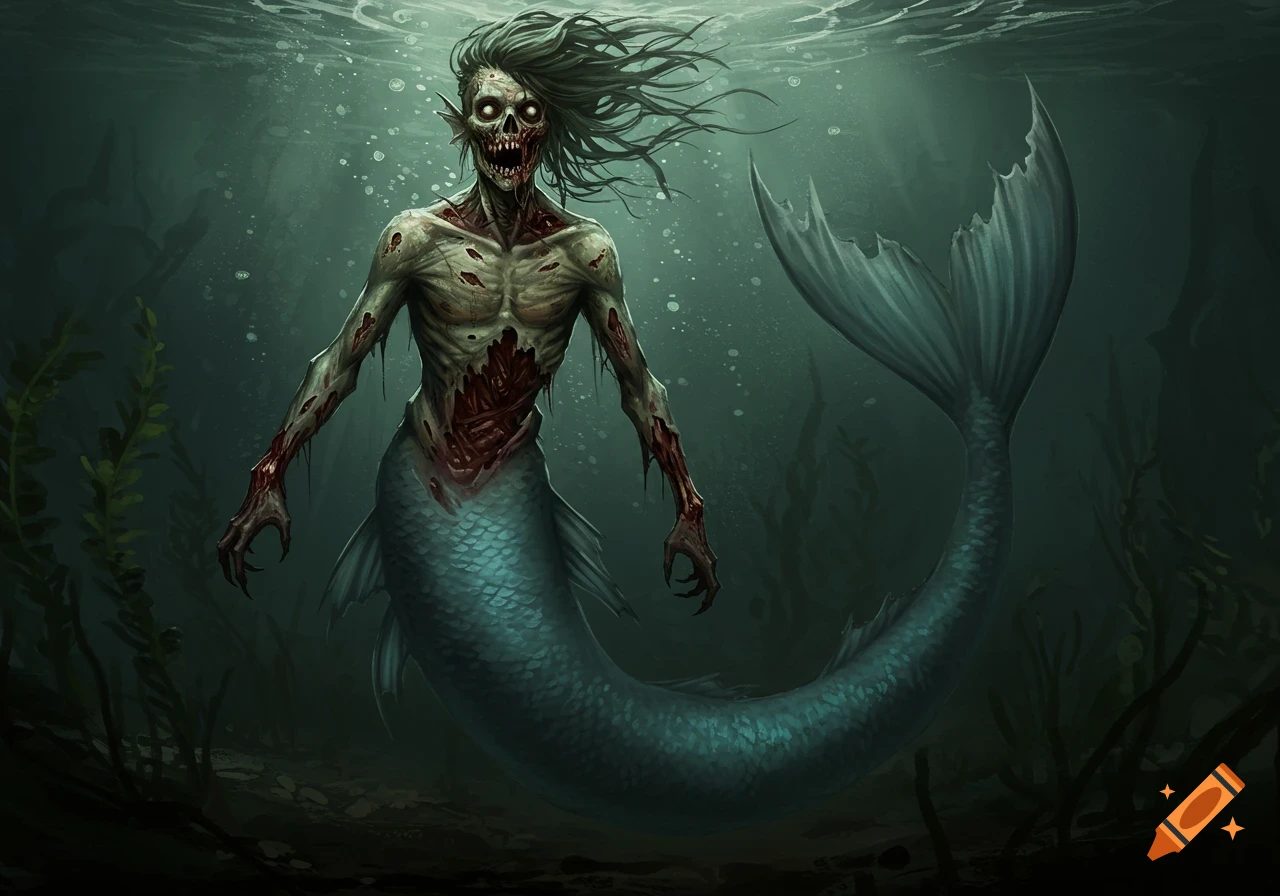 A terrifying zombie merman with torn flesh swims underwater. on Craiyon