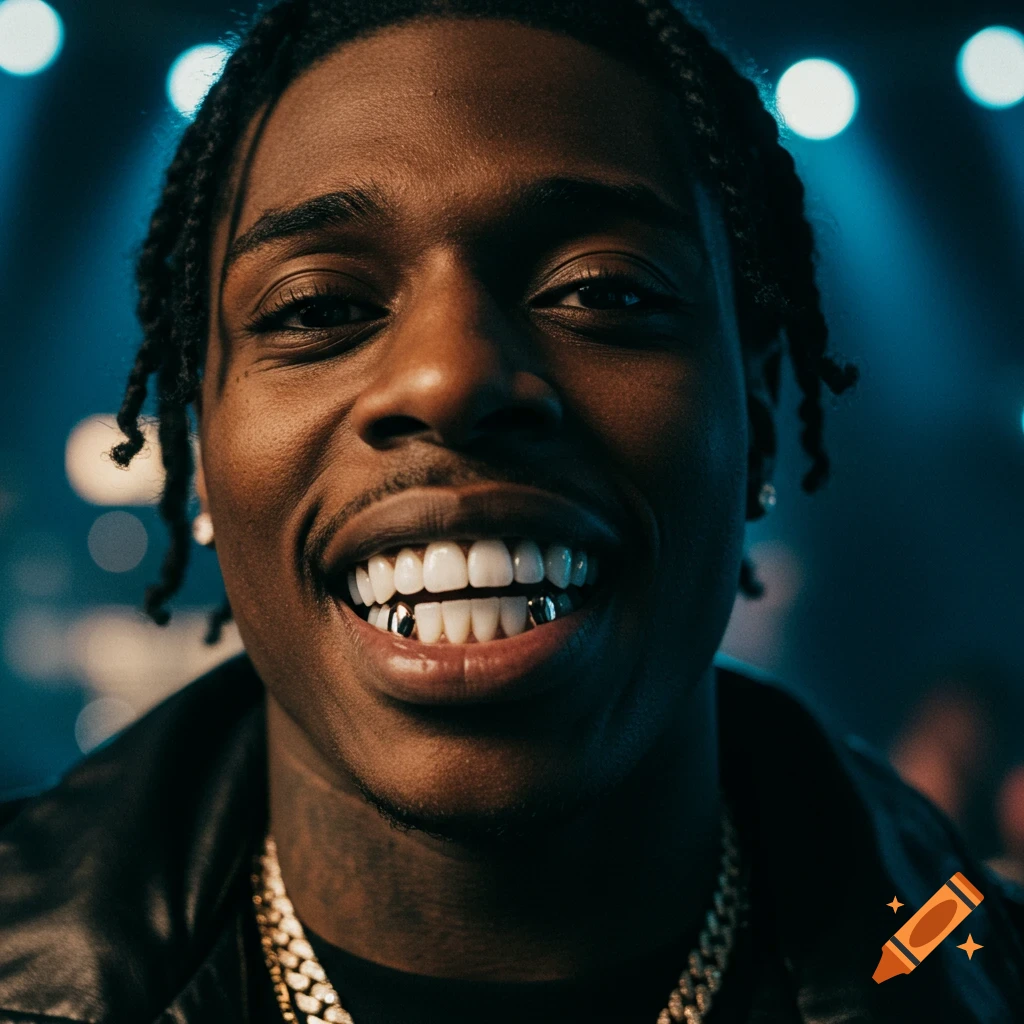 Close-up photorealistic portrait of a man smiling and showing off his ...