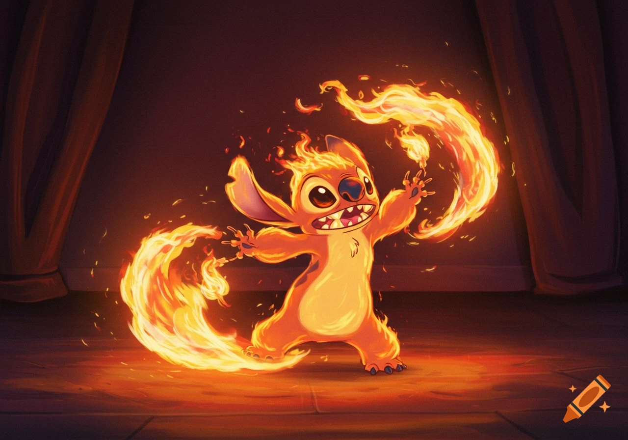 Cartoon character Stitch dancing with swirling fire on Craiyon