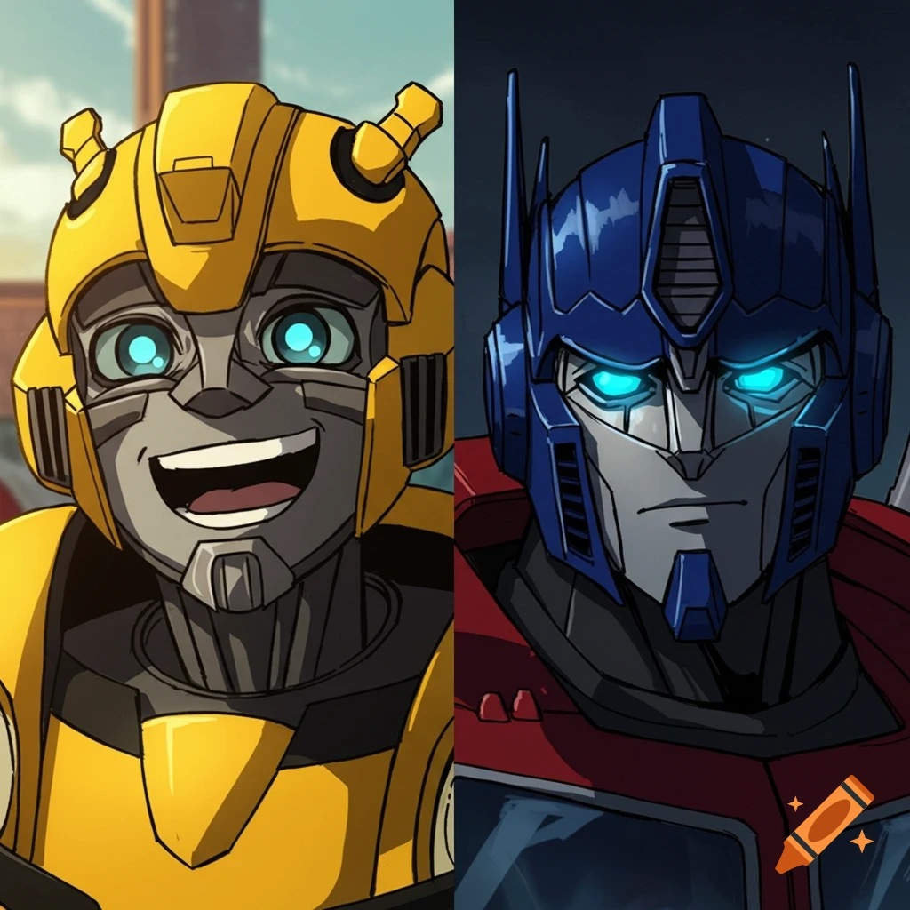 Close-up of animated robot faces: Bumblebee smiling on left, Optimus ...