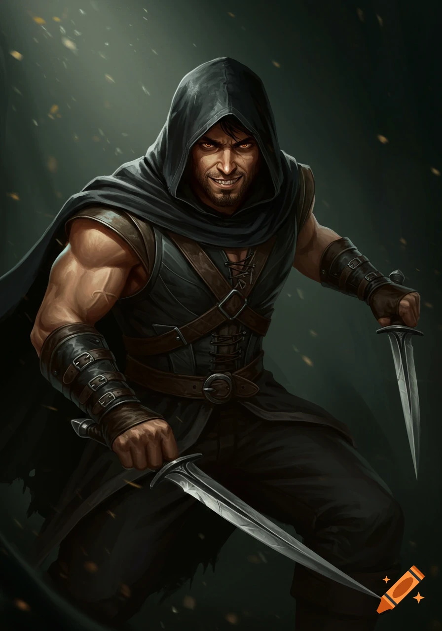 A male rogue in a black hood and cloak holding two daggers in a dynamic ...