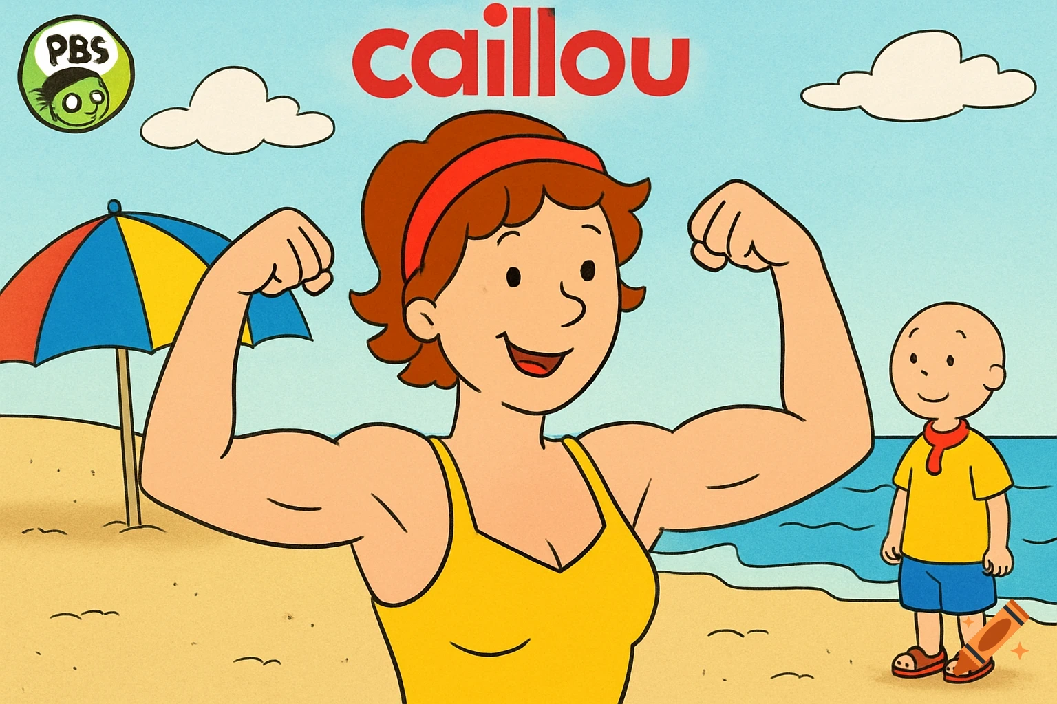 Cartoon of Caillou's mom flexing muscles at the beach with Caillou on ...