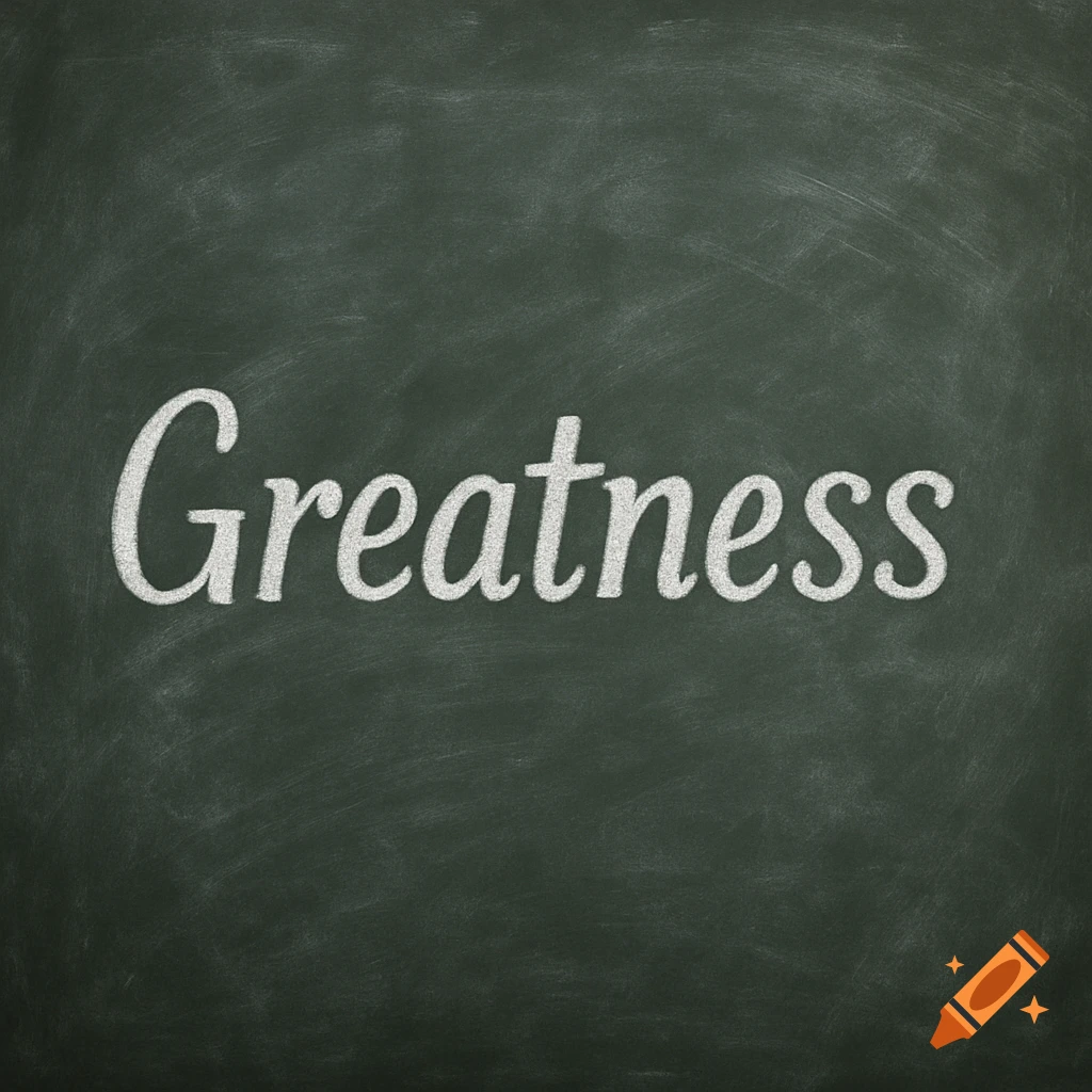 The word Greatness written in white chalk on a green chalkboard. on Craiyon