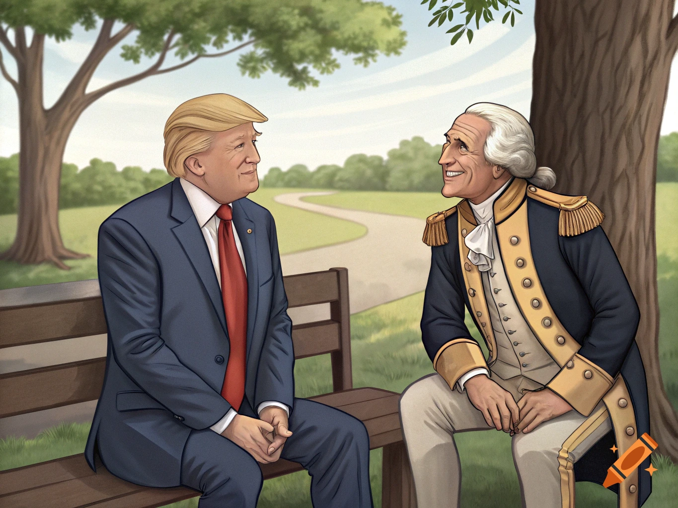 Illustration of Donald Trump and George Washington sitting together on ...