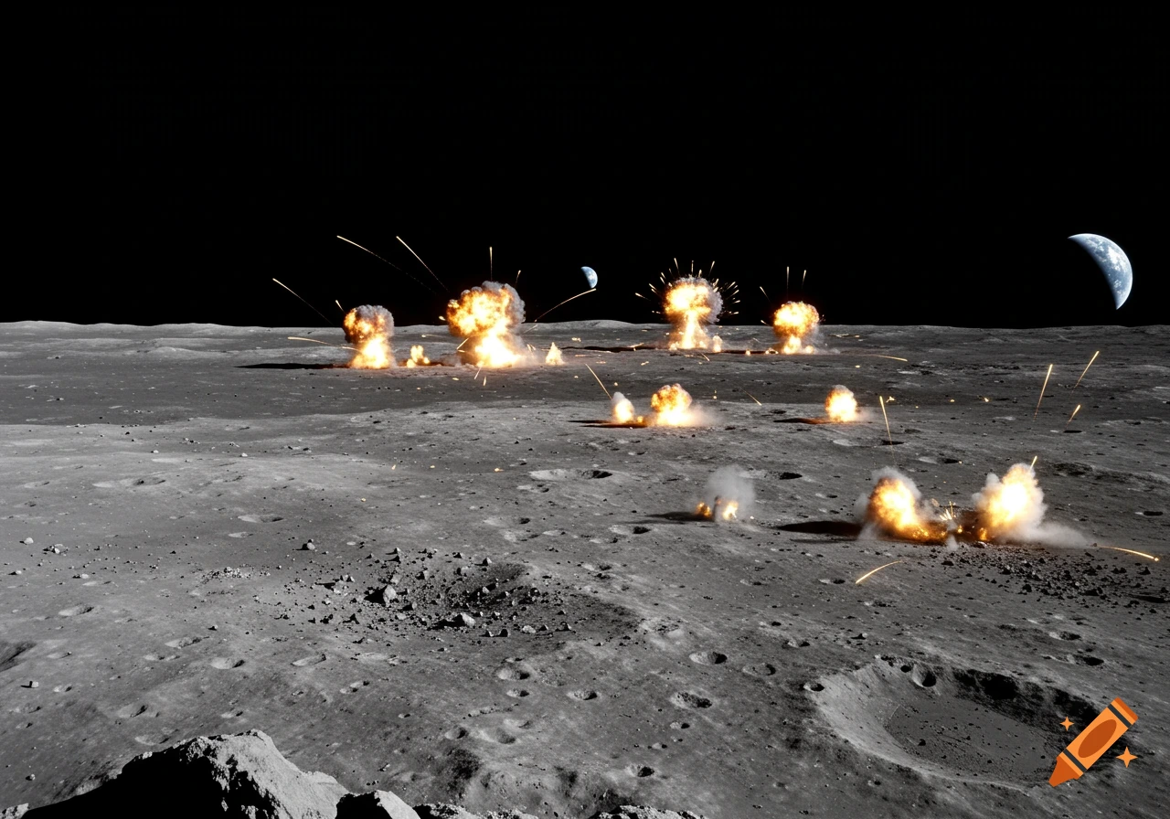 Multiple explosions erupting on the surface of the moon, with Earth ...