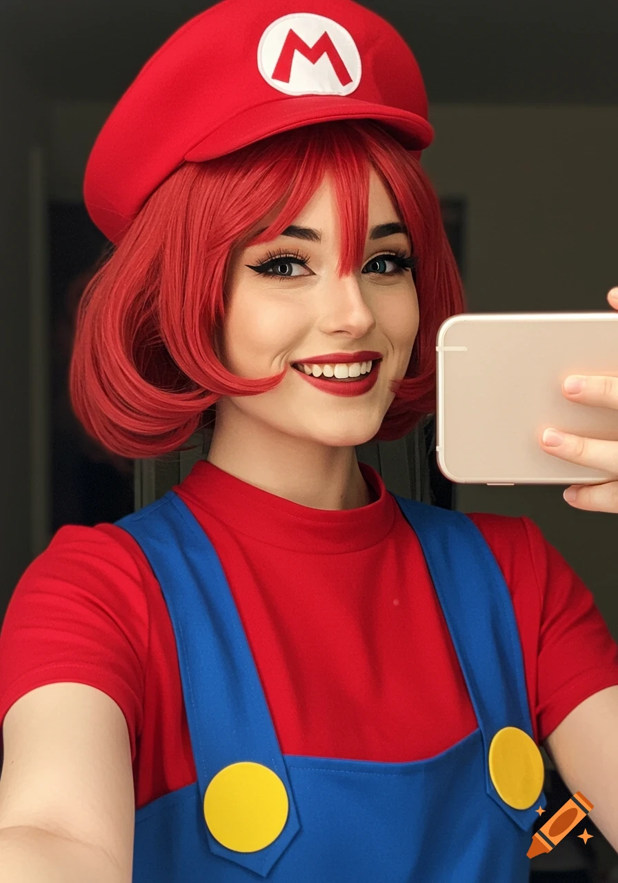A woman in a Mario cosplay hat and overalls smiles for a selfie. on Craiyon