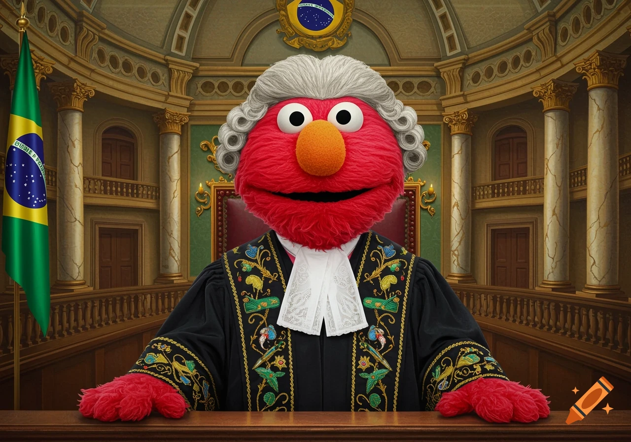 Elmo wearing a judge's wig and robes in a courtroom with a Brazilian ...