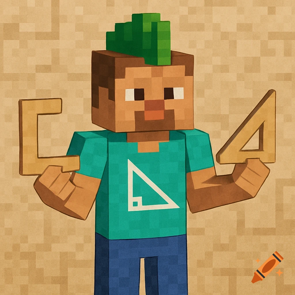 Minecraft character holding blocky C and triangle shapes, with a right ...