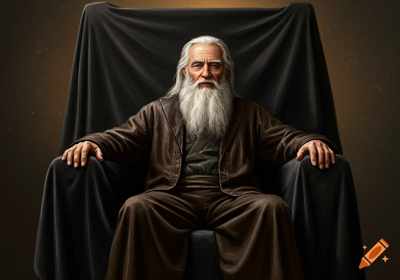 A portrait of an old man with a long white beard sitting in a large ...