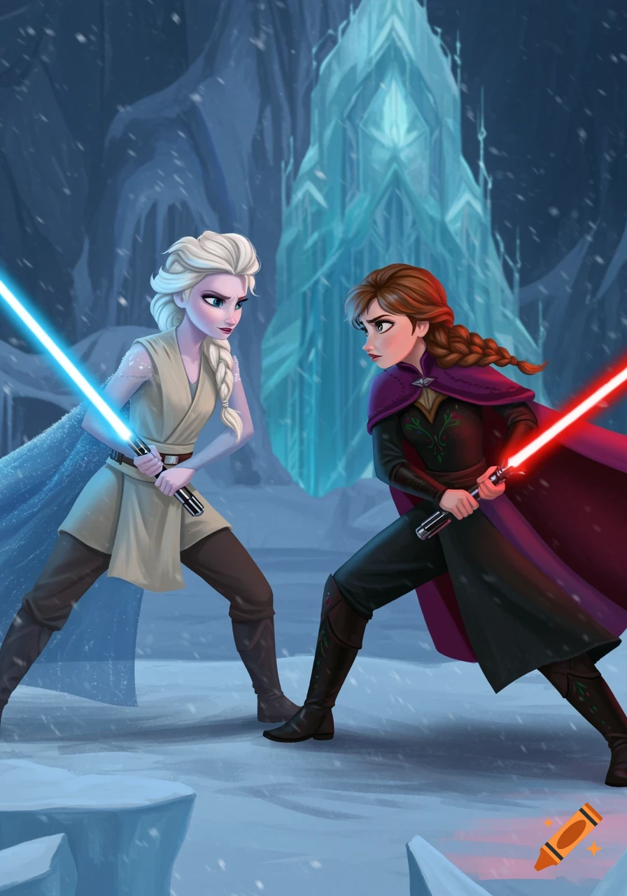 Elsa as a Jedi fighting Anna as a Sith with lightsabers in a snowy ...