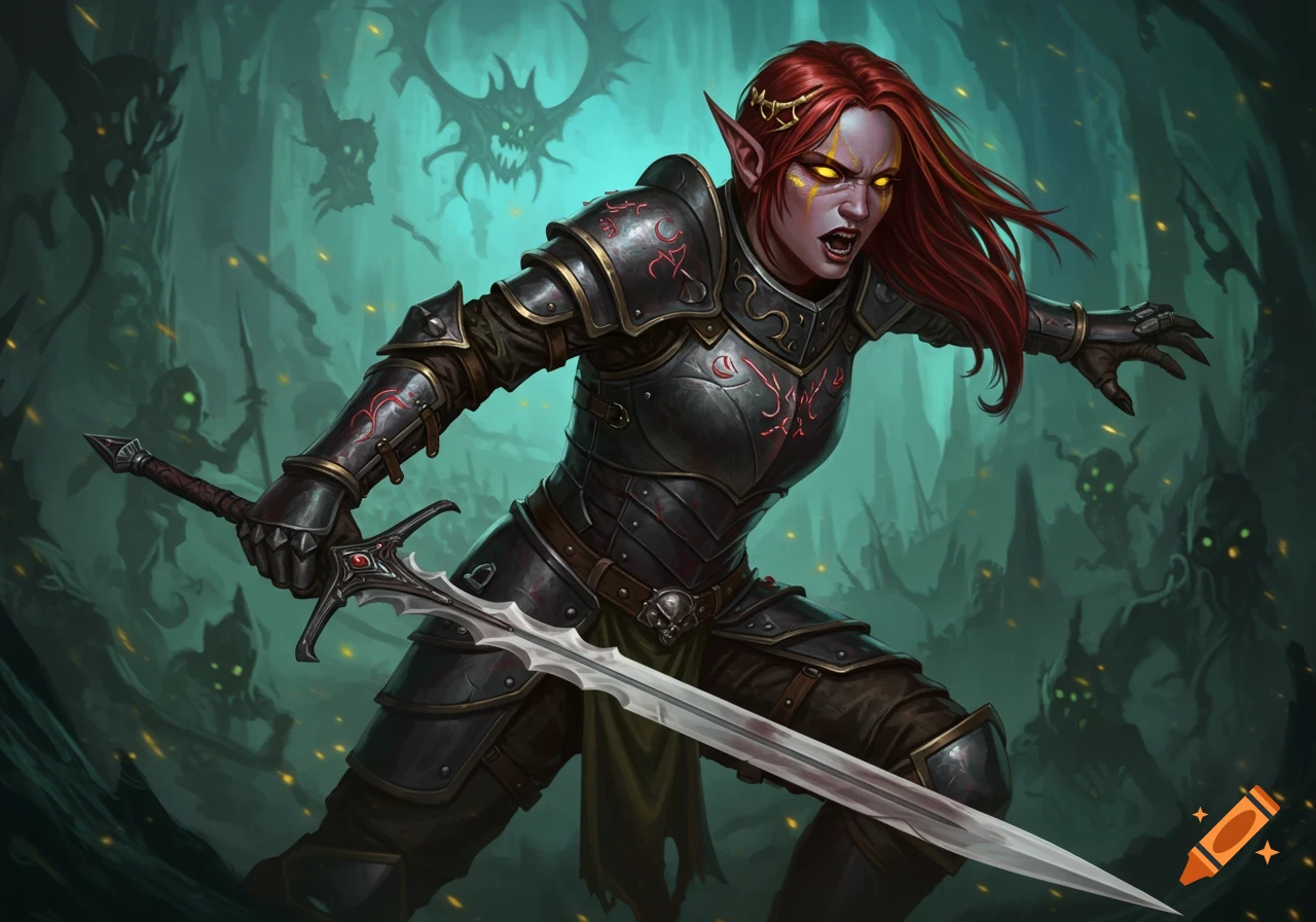 Elf warrior in armor with sword battles shadowy monsters in a dark ...