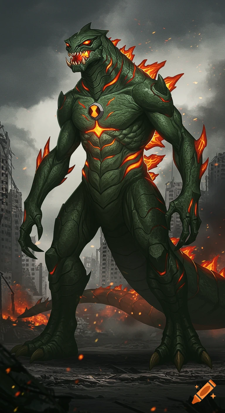 A large green monster inspired by Godzilla and Ben 10 stands in a ...