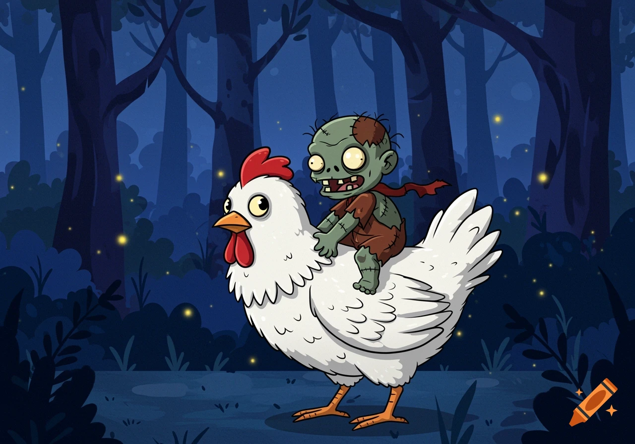 Cartoon baby zombie riding a chicken in a forest at night with ...