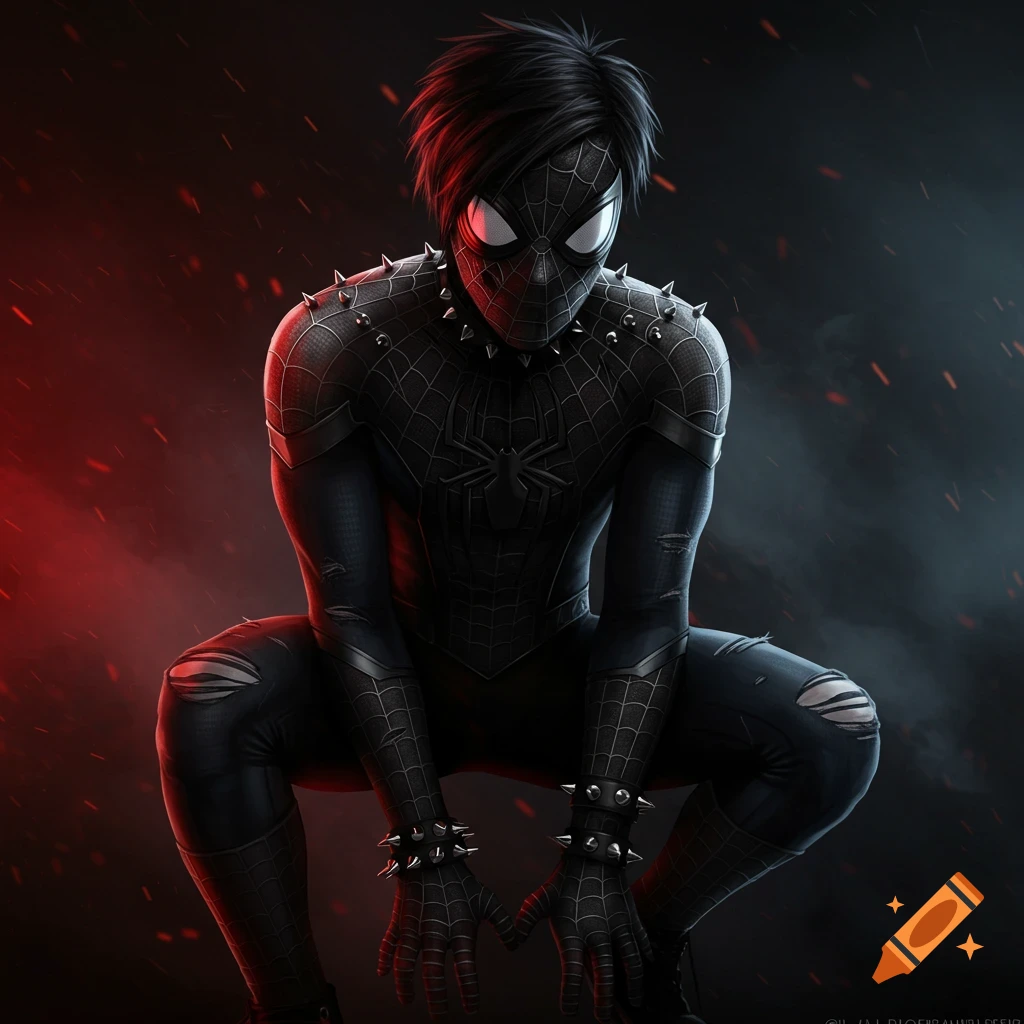 Emo Spider-Man in a dark spiked suit crouches in dim red light. on Craiyon