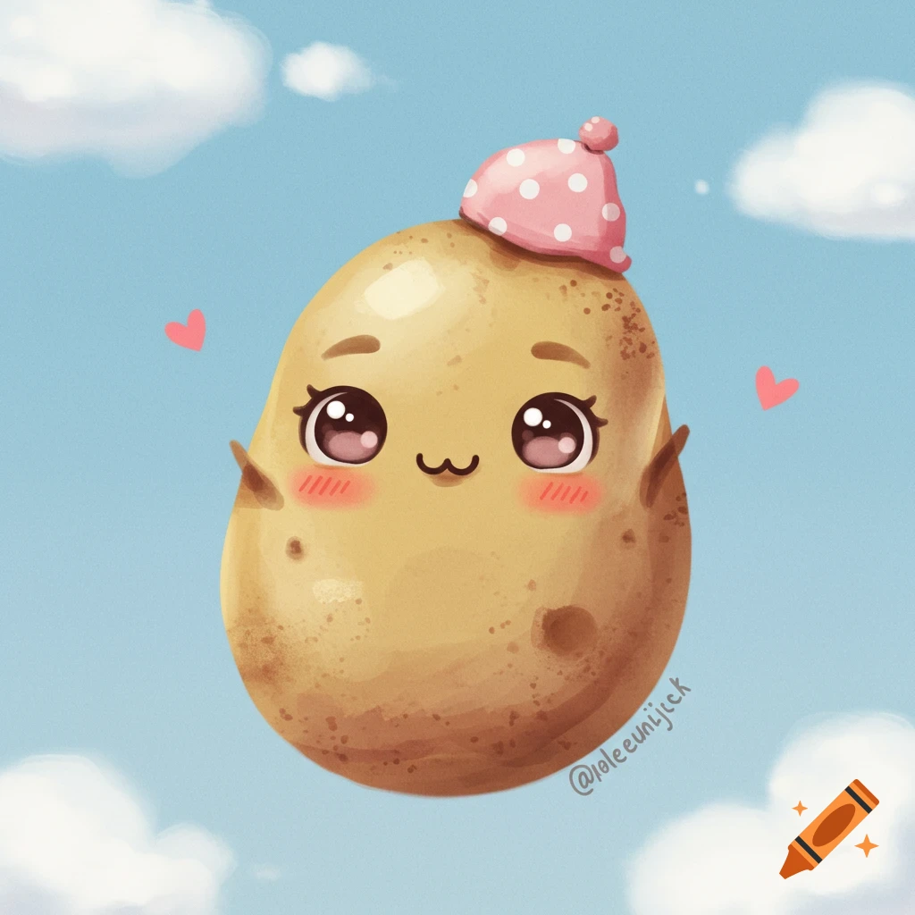 A cute cartoon potato wearing a pink hat floats in a sky with clouds ...