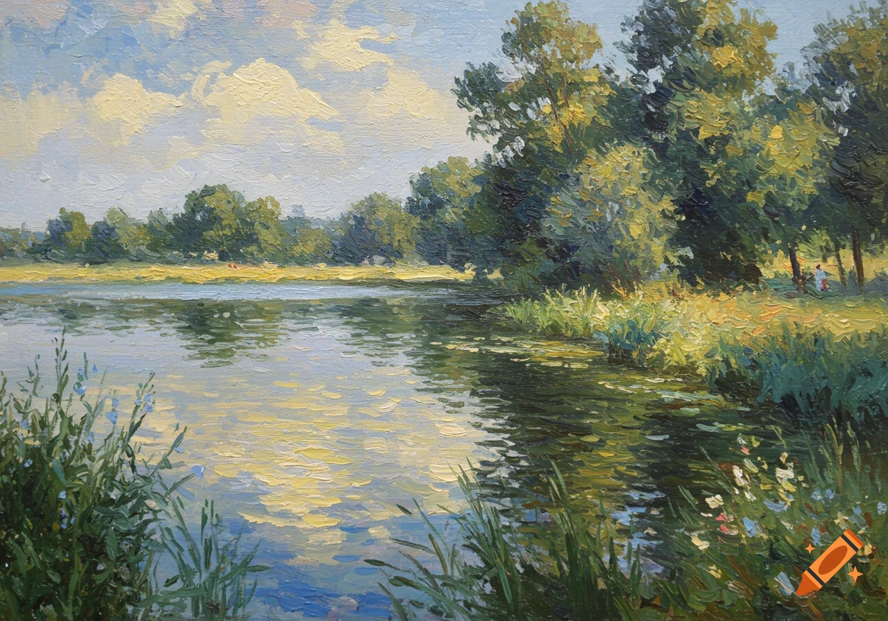 Impressionist painting of a sunlit lake surrounded by trees and grass ...