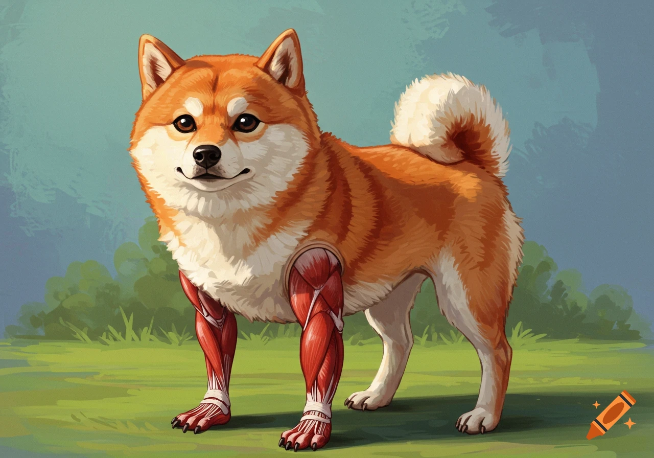 A painted illustration of a Shiba Inu dog standing in grass, with its ...