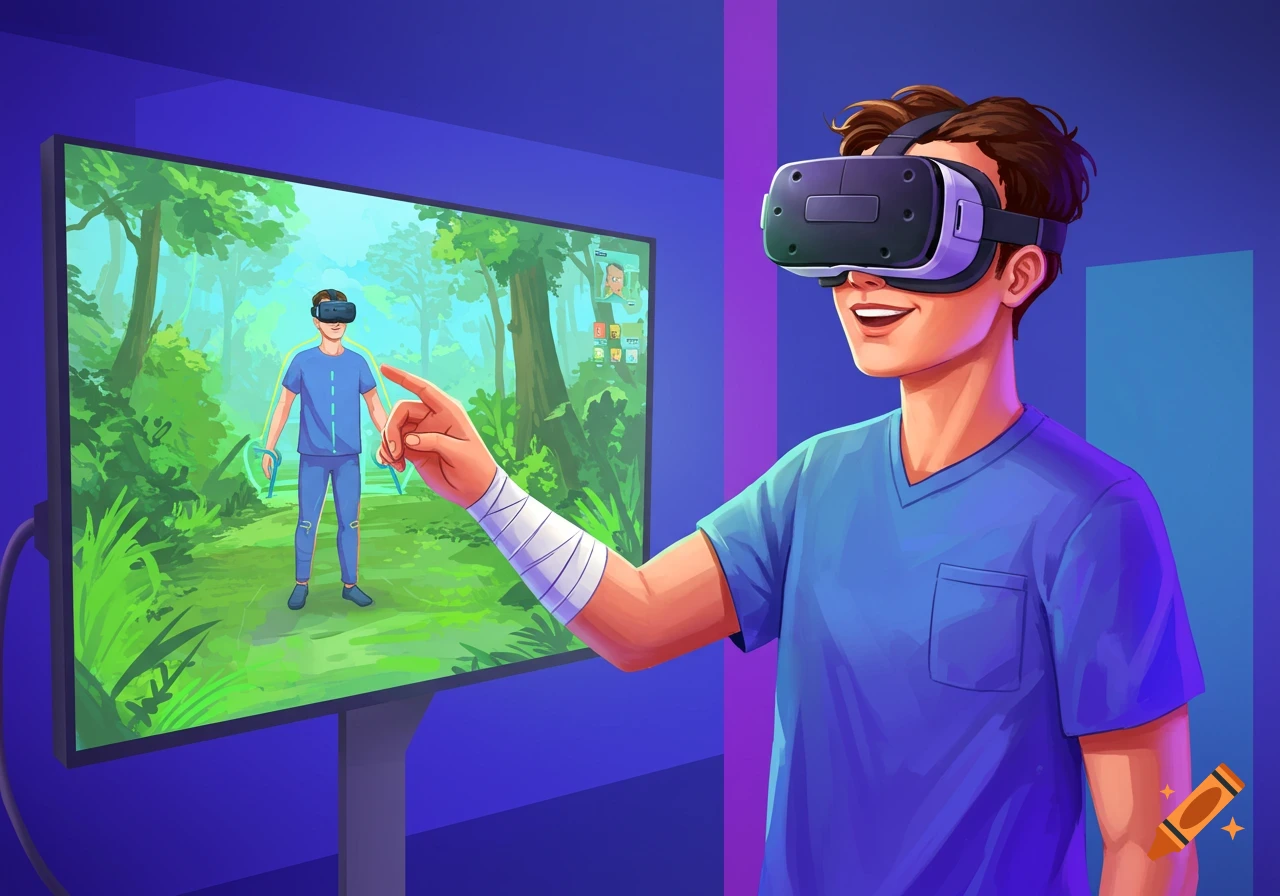 Digital illustration of a person in a VR headset pointing at a monitor ...