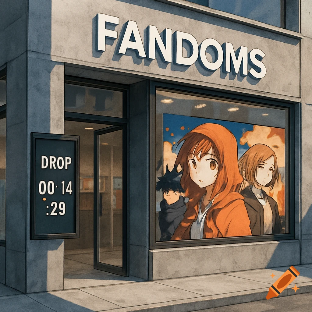 A storefront labeled "FANDOMS" features a large window with an anime ...