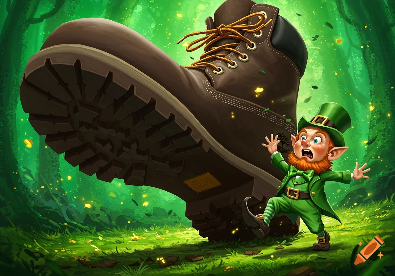 Cartoon leprechaun looks scared as a giant work boot looms over him in ...