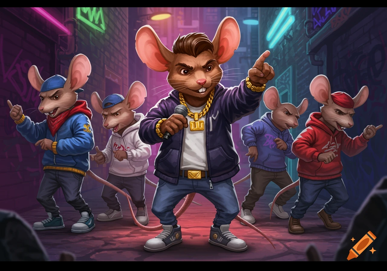 Five anthropomorphic mice in hip hop clothing rapping in a neon-lit ...