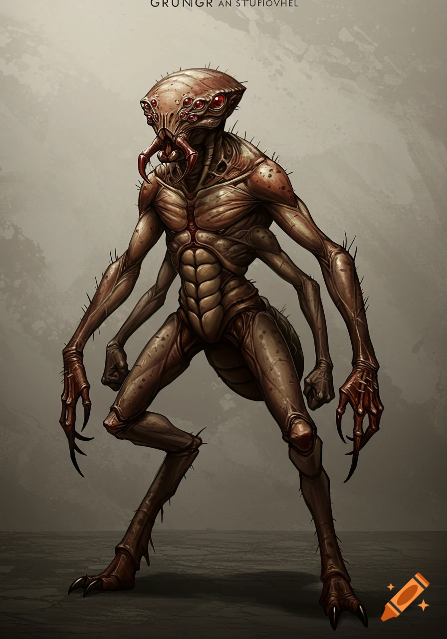 Full body illustration of a brown insectoid creature with six limbs ...