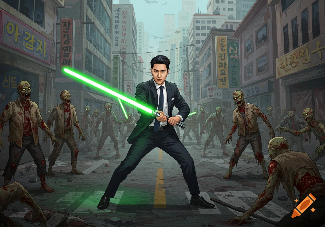 A man in a suit fights zombies with a green lightsaber in a city street ...