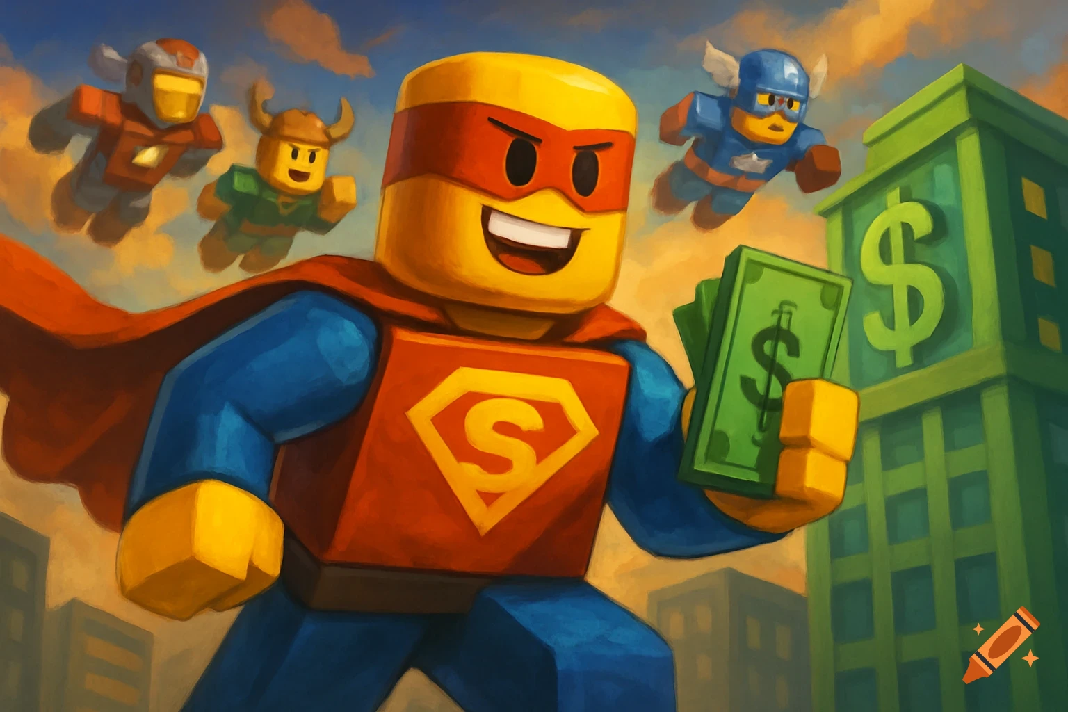 Blocky superhero character holding money, flying with companions past a ...