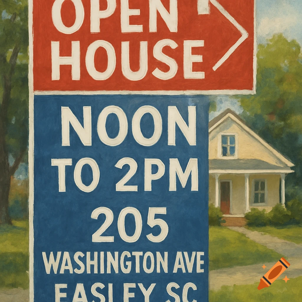 An Open House sign stands in front of a house. The sign reads "OPEN ...
