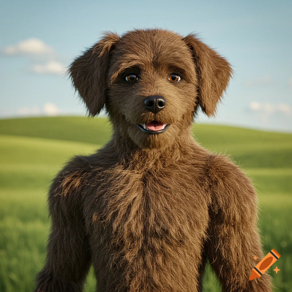 Anthropomorphic dog character standing in a grassy field under a cloudy ...