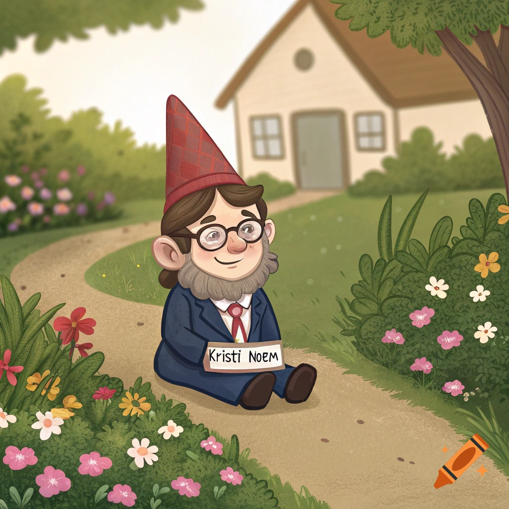 Cartoon illustration of a garden gnome resembling Kristi Noem sitting ...