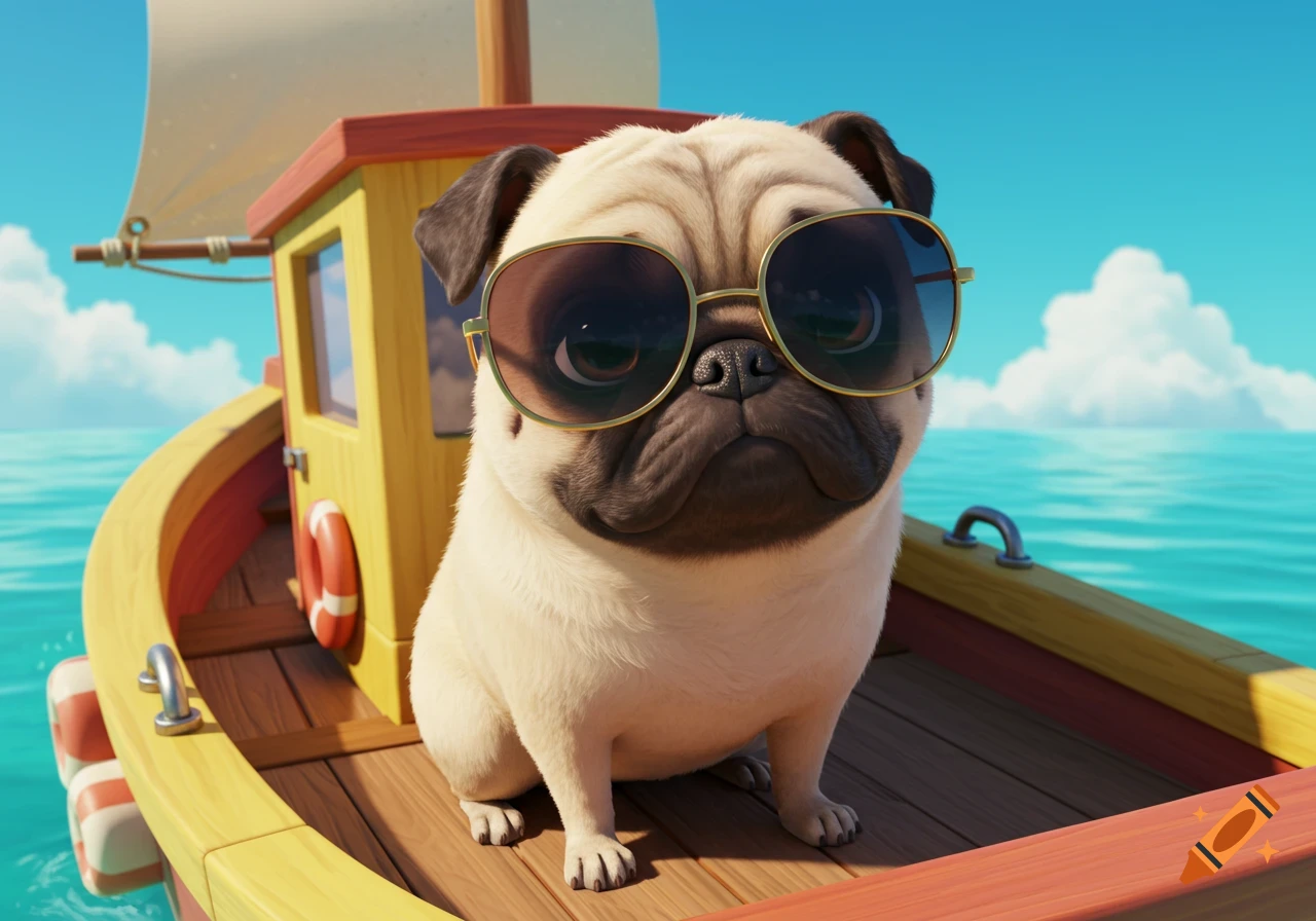 A cartoon pug wearing sunglasses sits on a boat in the ocean. on Craiyon