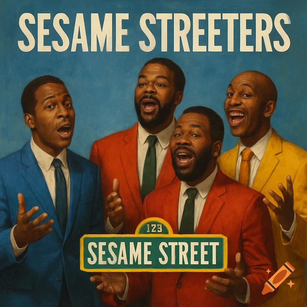Painting of four men in suits singing under the text 'Sesame Streeters ...