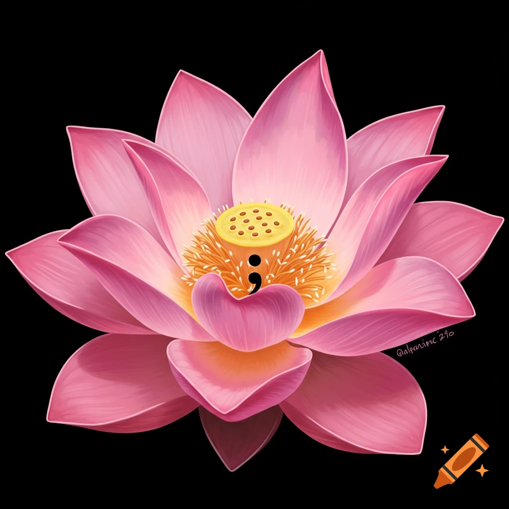 Pink lotus flower with a semicolon in the center. on Craiyon