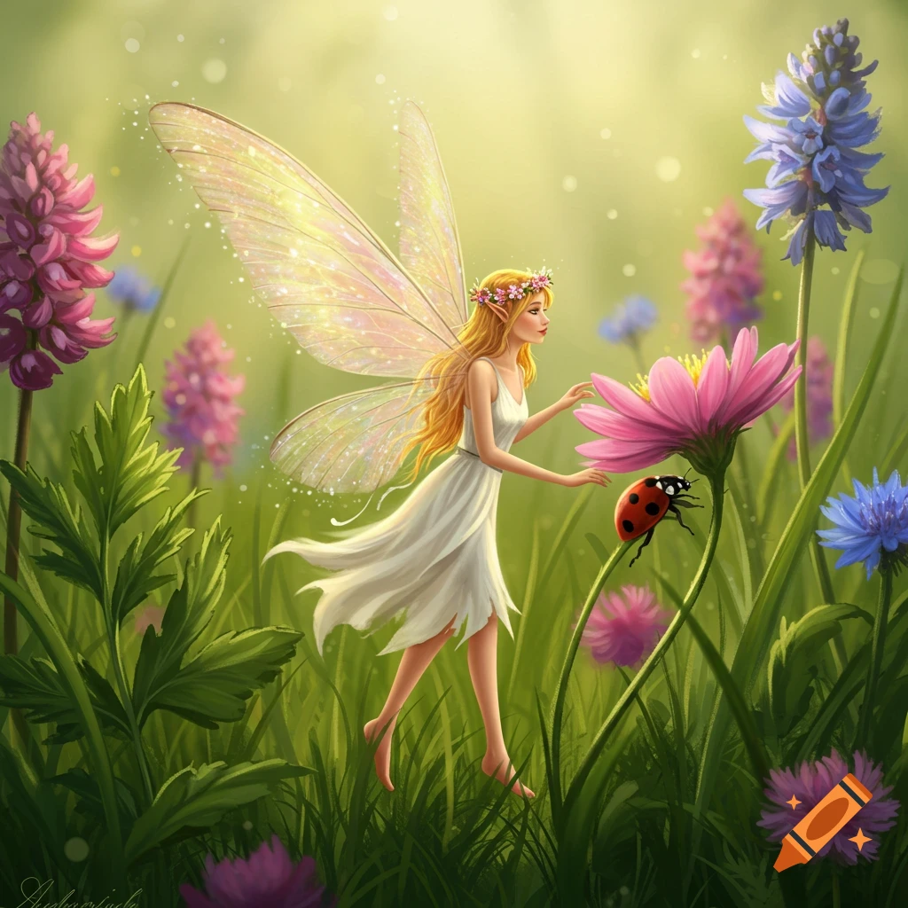 A fairy reaches out to touch a ladybug perched on a flower in a lush ...