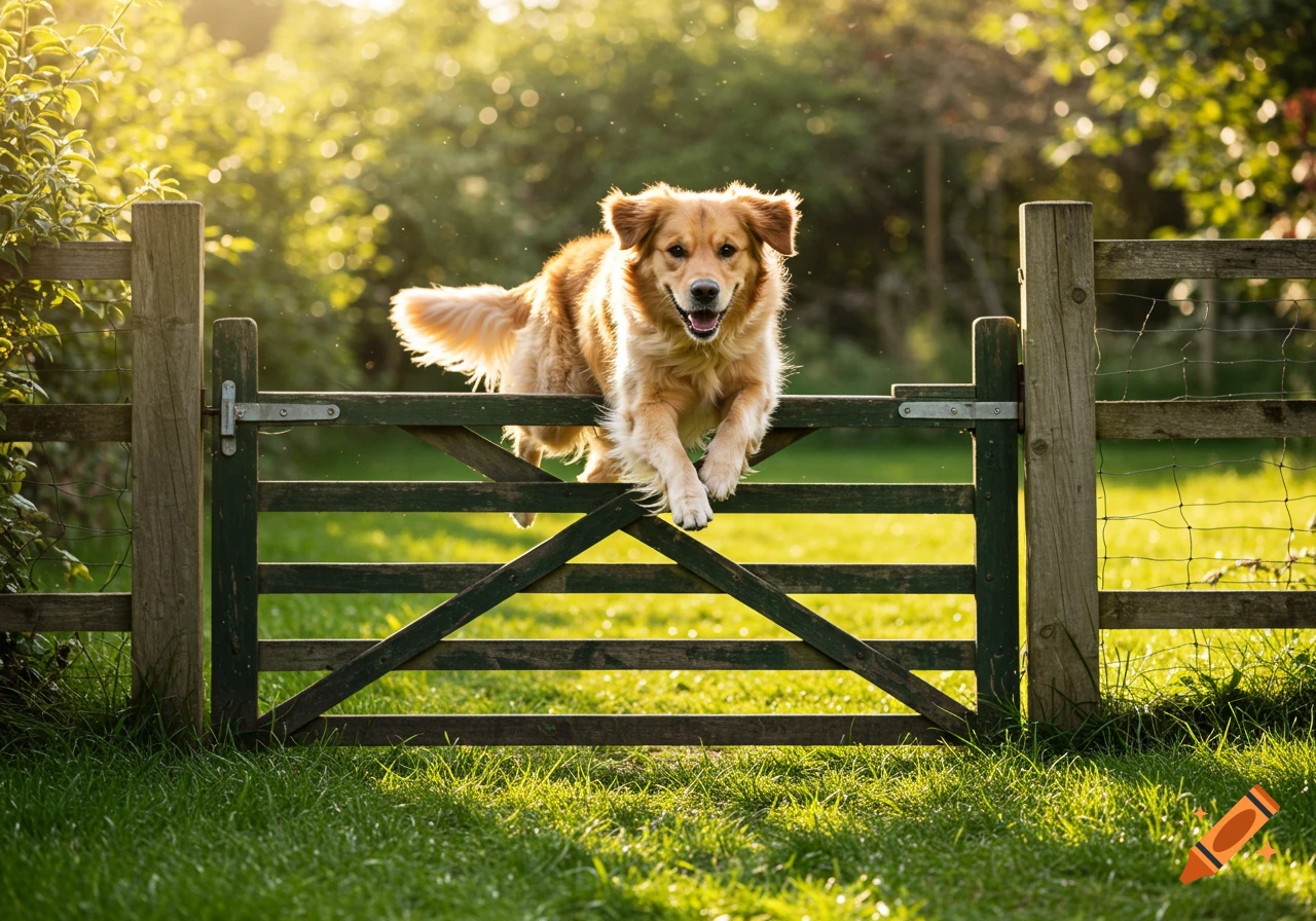 Golden retriever dog jumping over a wooden gate in a sunlit field on ...