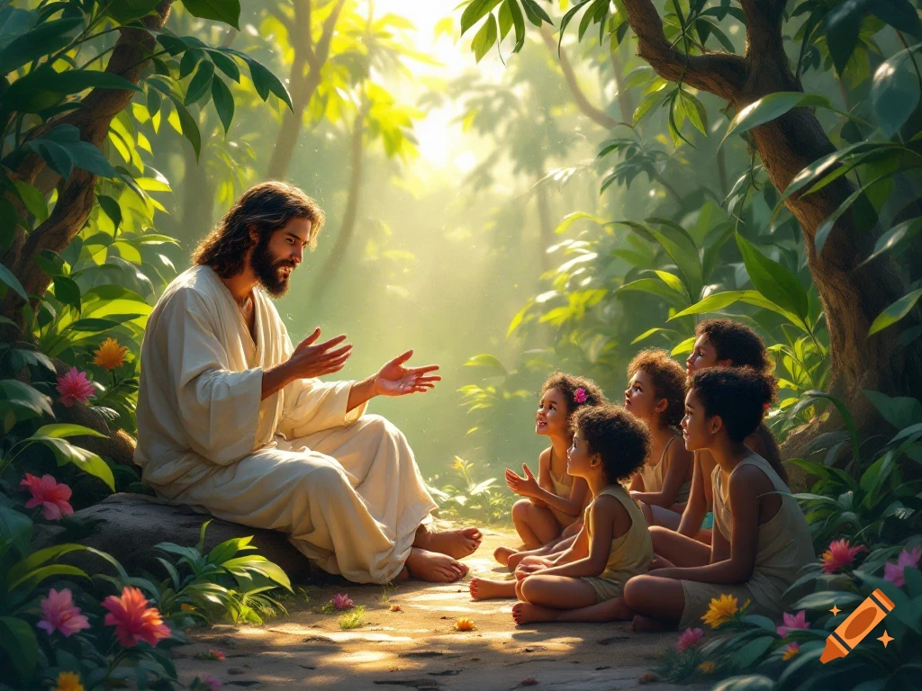 Jesus sits with children in a lush jungle setting, teaching them. on ...