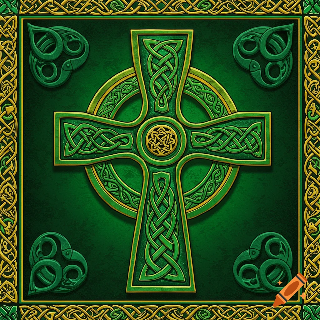 Green Celtic knot cross with gold trim and border on a dark green ...