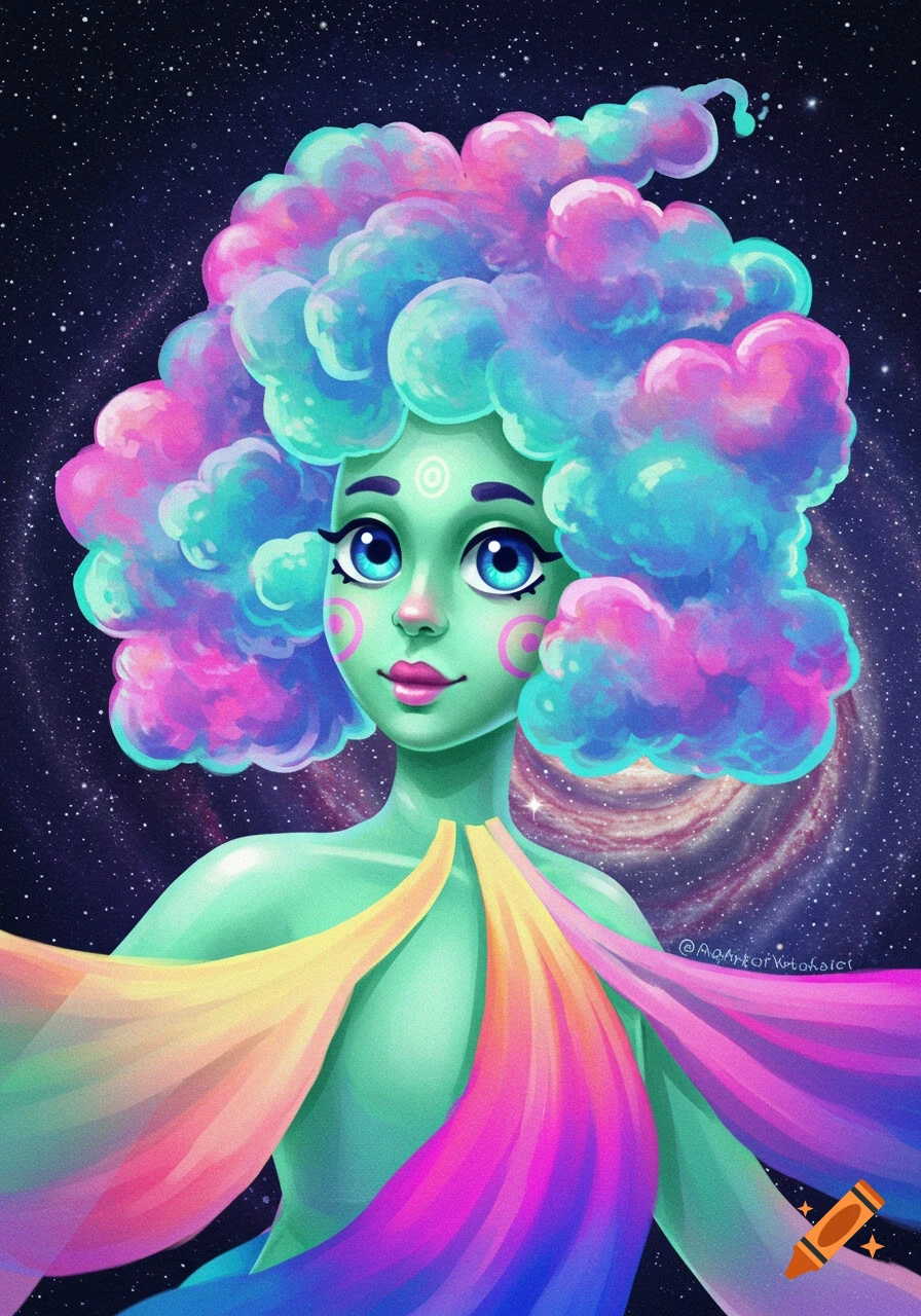 Illustration of a green-skinned fantasy creature with colorful cloud ...