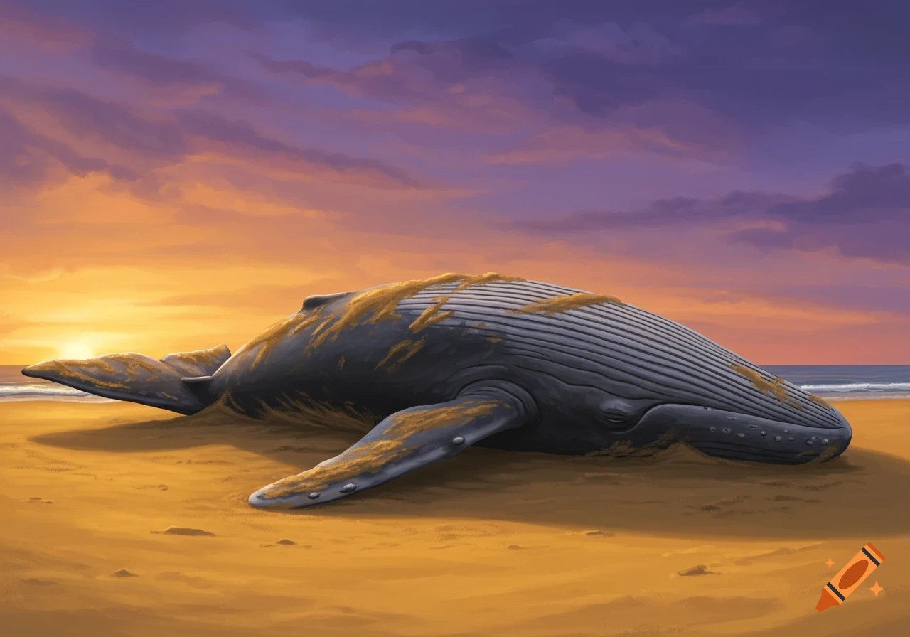 A beached whale lies on golden sand at sunset under an orange and ...