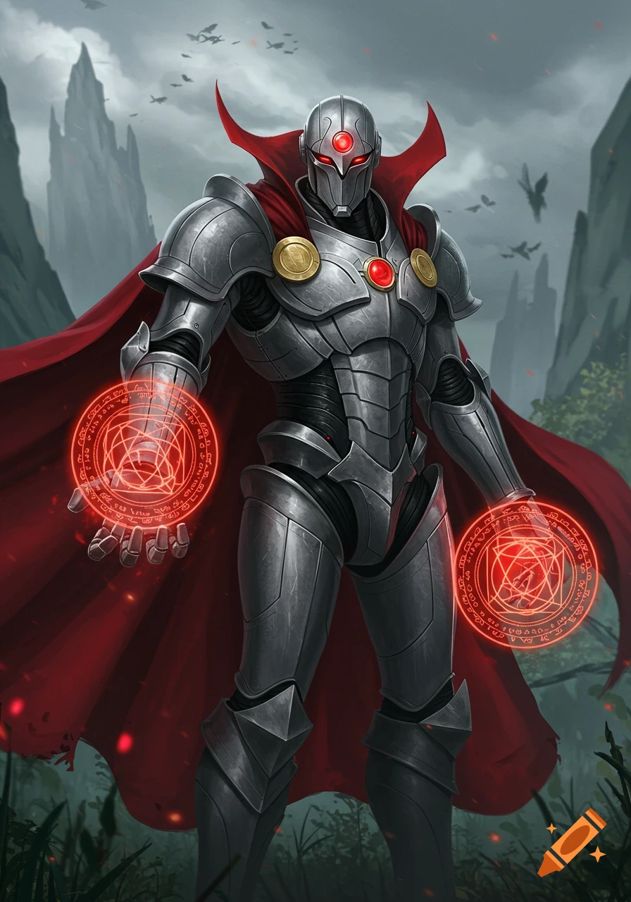 An evil robot in grey armor and red cape casts magic runes in a fantasy ...