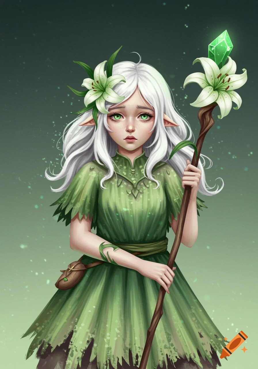 A fantasy illustration of a sad-looking elf girl with white hair, green ...