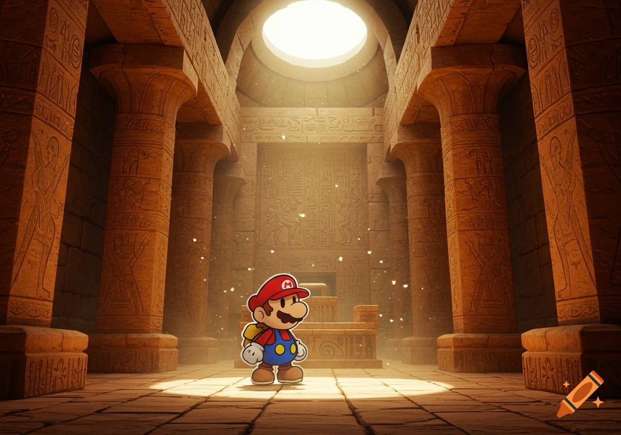 Paper Mario stands in a sunlit ancient temple hall with hieroglyphic ...