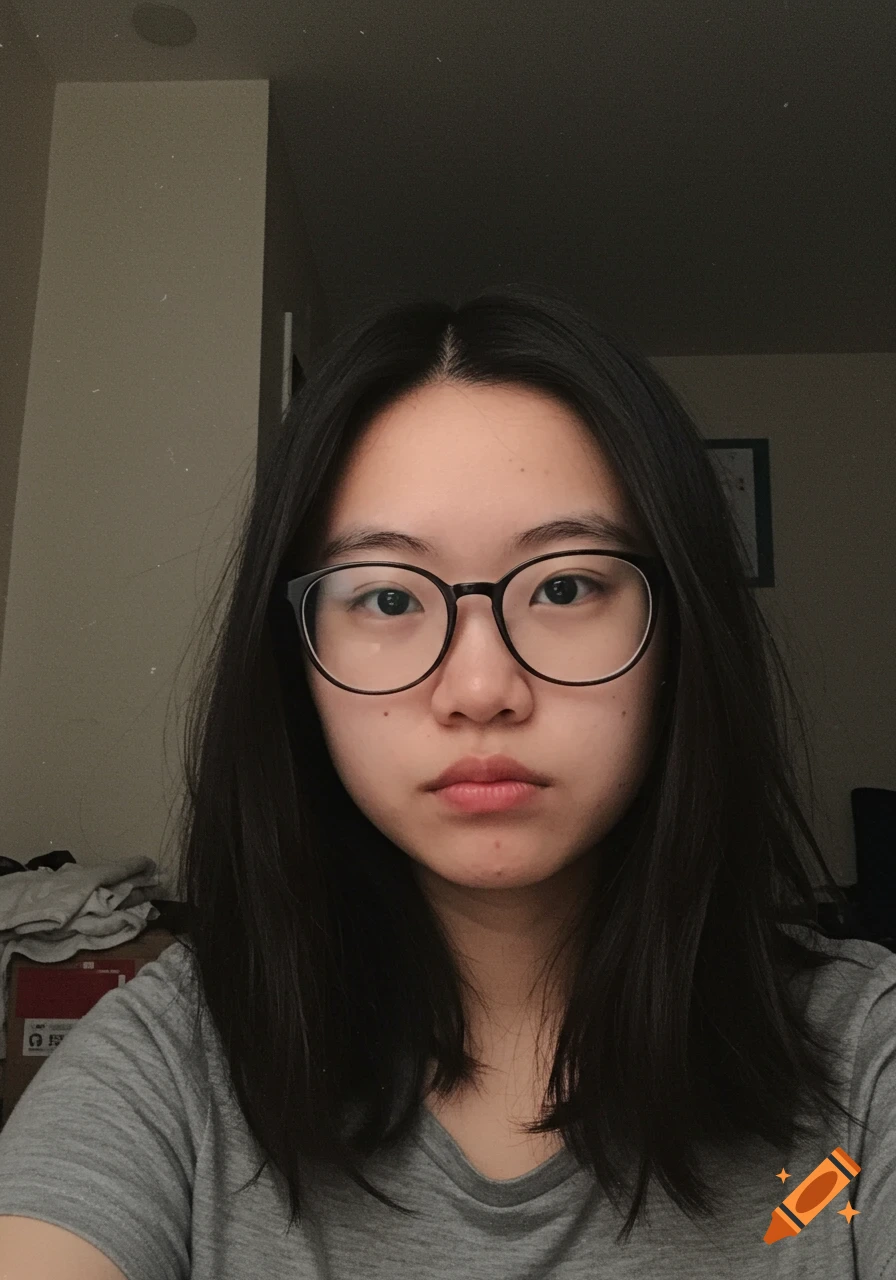 A close-up selfie of an Asian woman with glasses looking at the camera ...
